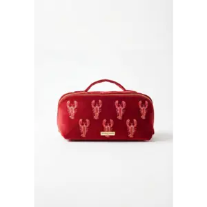 ELIZABETH SCARLETT Lobster Embroidered Open Flat Makeup Bag - Red