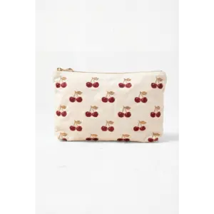 ELIZABETH SCARLETT Cherries Velvet Everyday Pouch - Cream