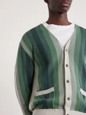BEAMS Striped Cotton Cardigan - Green