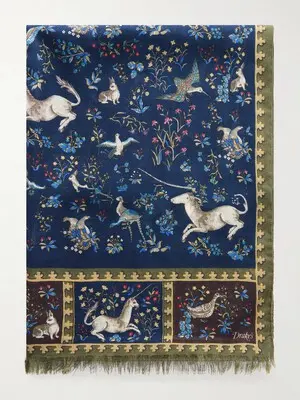 DRAKE'S Fringed Printed Wool And Silk-blend Scarf - Blue