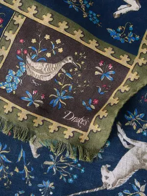 DRAKE'S Fringed Printed Wool And Silk-blend Scarf - Blue