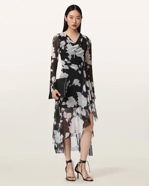 ALLSAINTS Loria Draped Mesh Midi Dress