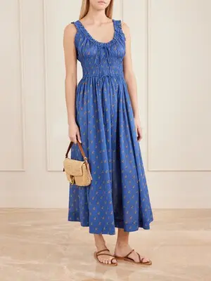 DÔEN Emmaretta Shirred Floral-print Cotton Midi Dress - Blue