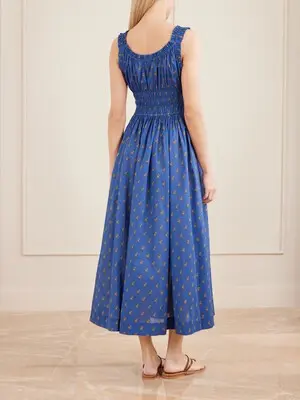 DÔEN Emmaretta Shirred Floral-print Cotton Midi Dress - Blue