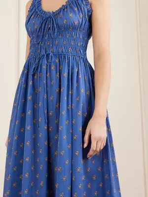 DÔEN Emmaretta Shirred Floral-print Cotton Midi Dress - Blue