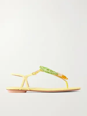 AQUAZZURA Embellished Raffia-effect Thong Sandals - Yellow