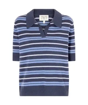 TWP Slightly Oversized Striped Polo Top - Blue
