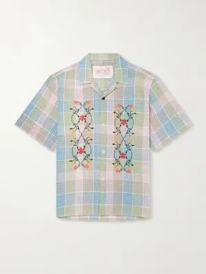 KARDO Ronen Camp-collar Floral-embroidered Checked Cotton And Linen-blend Shirt - Multi