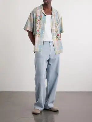 KARDO Ronen Camp-collar Floral-embroidered Checked Cotton And Linen-blend Shirt - Multi