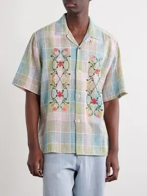 KARDO Ronen Camp-collar Floral-embroidered Checked Cotton And Linen-blend Shirt - Multi