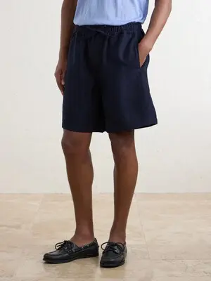 SAMAN AMEL Straight-leg Linen Drawstring Shorts - Blue
