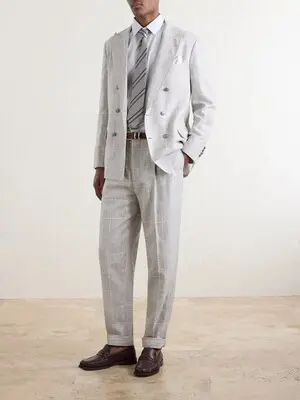Brunello Cucinelli Pleated Checked Wool-blend Suit Trousers - Gray