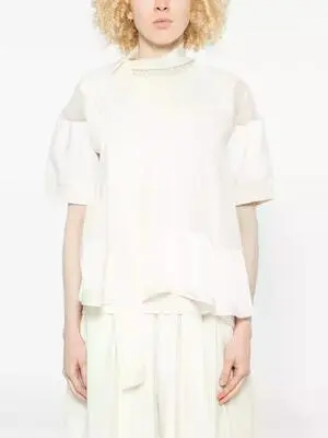 Sacai Panelled Top With Pussy-bow - Neutrals