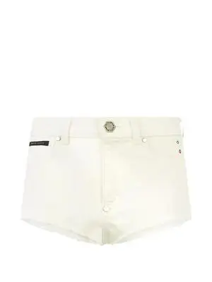Philipp Plein Frayed Denim Shorts With Embossed Logo Detail - Neutrals