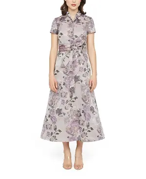 KAY UNGER Floral Metallic Tea Length Dress