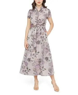 KAY UNGER Floral Metallic Tea Length Dress