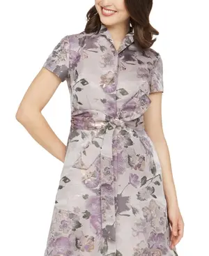 KAY UNGER Floral Metallic Tea Length Dress