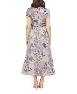 KAY UNGER Floral Metallic Tea Length Dress
