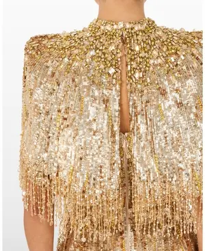 Jenny Packham Ellen Mock Neck Beaded Capelet Top - Illusion