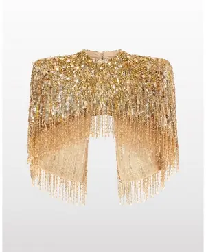 Jenny Packham Ellen Mock Neck Beaded Capelet Top - Illusion