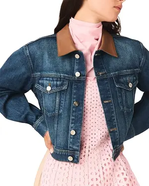 Maje Denim Trucker Jacket With Leather Collar