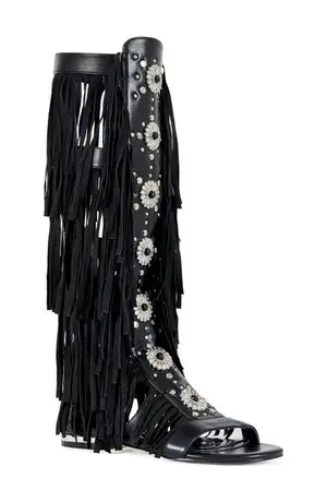 AZALEA WANG Fringe Gladiator Sandals Black