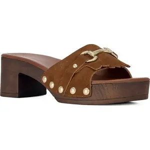 AZALEA WANG Suede Platform Sandal With Studs And Horsebit Hardware - Brown