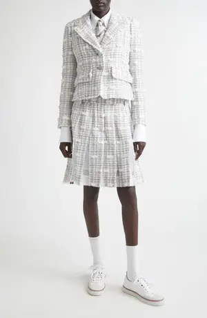 Thom Browne Crop Sculpted Shoulder Pouf Tweed Jacket - Medium Grey