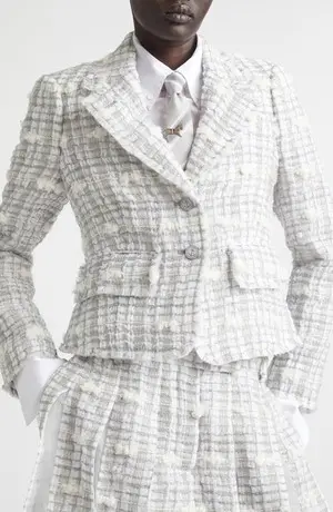 Thom Browne Crop Sculpted Shoulder Pouf Tweed Jacket - Medium Grey