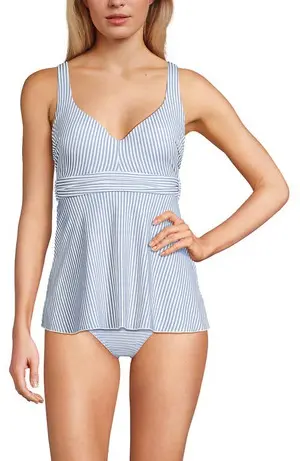 LANDS' END Sweetheart Belted Flutter Tankini Top - Soft Cloud Blue Mini Stripe