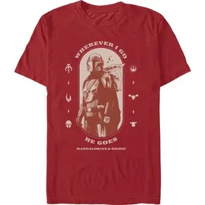 STAR WARS: THE MANDALORIAN AND GROGU Wherever I Go He Goes Logo Short Sleeve Graphic T-shirt - Cardinal