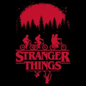 STRANGER THINGS Biking In Upside Down Logo Silhouettes Graphic T-shirt