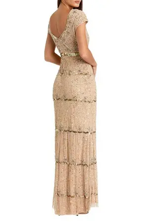 Mac Duggal Beaded Sweetheart Cap Sleeve Tiered Gown - Nude