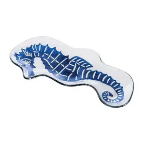 GALLERIE II Seahorse Slump Glass Coastal Novelty Decorative Shaped Dish Plate 7.05" X 15 - Blue