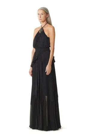 LANVIN Embroidered Pleated Dress In Silk And Charmeuse