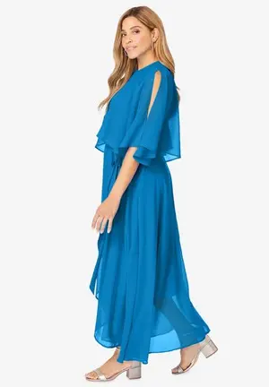 JESSICA LONDON Georgette Maxi Cape Sleeve Dress - Evening Blue