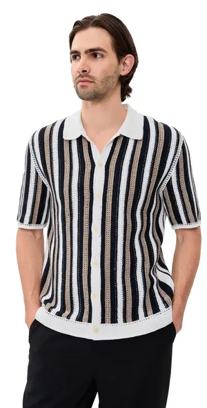 WAX LONDON Stripe Crochet Porto Shirt - Ecru/black