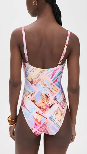 L'Agence Remi Postcard Print One-piece With Gold-tone Chain Accents - Multi