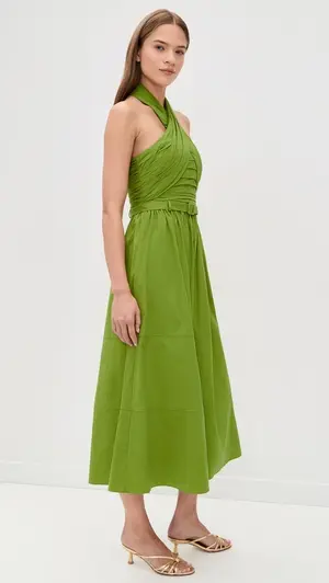 Cinq À Sept Halterneck Gathered Midi Dress - Dark Lime