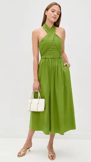 Cinq À Sept Halterneck Gathered Midi Dress - Dark Lime