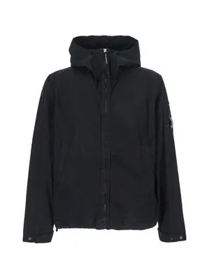 C.P. COMPANY Cotton Hooded Blouson Jacket With Logo Patch - Black