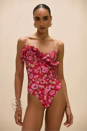 PatBO Peony Print Lycra Ruffle Bodysuit - Red