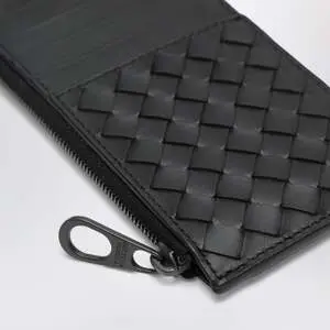 Bottega Veneta Card Holder With Intrecciato Zipper - Black