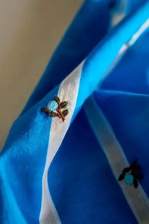 ELIZABETH GILLETT Embroidered Floral Stripe Cotton Bandana - Blue