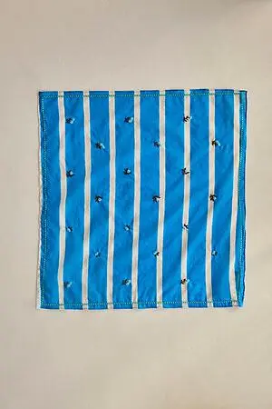 ELIZABETH GILLETT Embroidered Floral Stripe Cotton Bandana - Blue