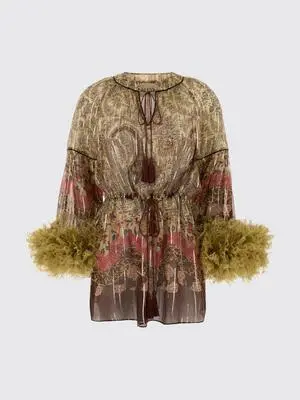 Valentino Garavani Paisley Print Silk Blouse With Ostrich Feather Cuffs - Beige