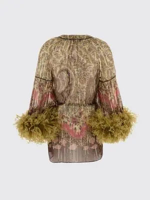 Valentino Garavani Paisley Print Silk Blouse With Ostrich Feather Cuffs - Beige
