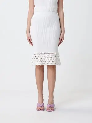 GANNI Organic Cotton Ribbed Midi Skirt With Macramé Detail - White