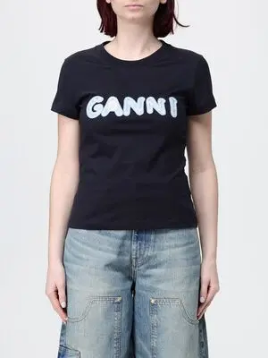 GANNI Organic Cotton T-shirt With Embroidered Logo - Black
