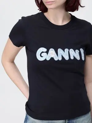 GANNI Organic Cotton T-shirt With Embroidered Logo - Black